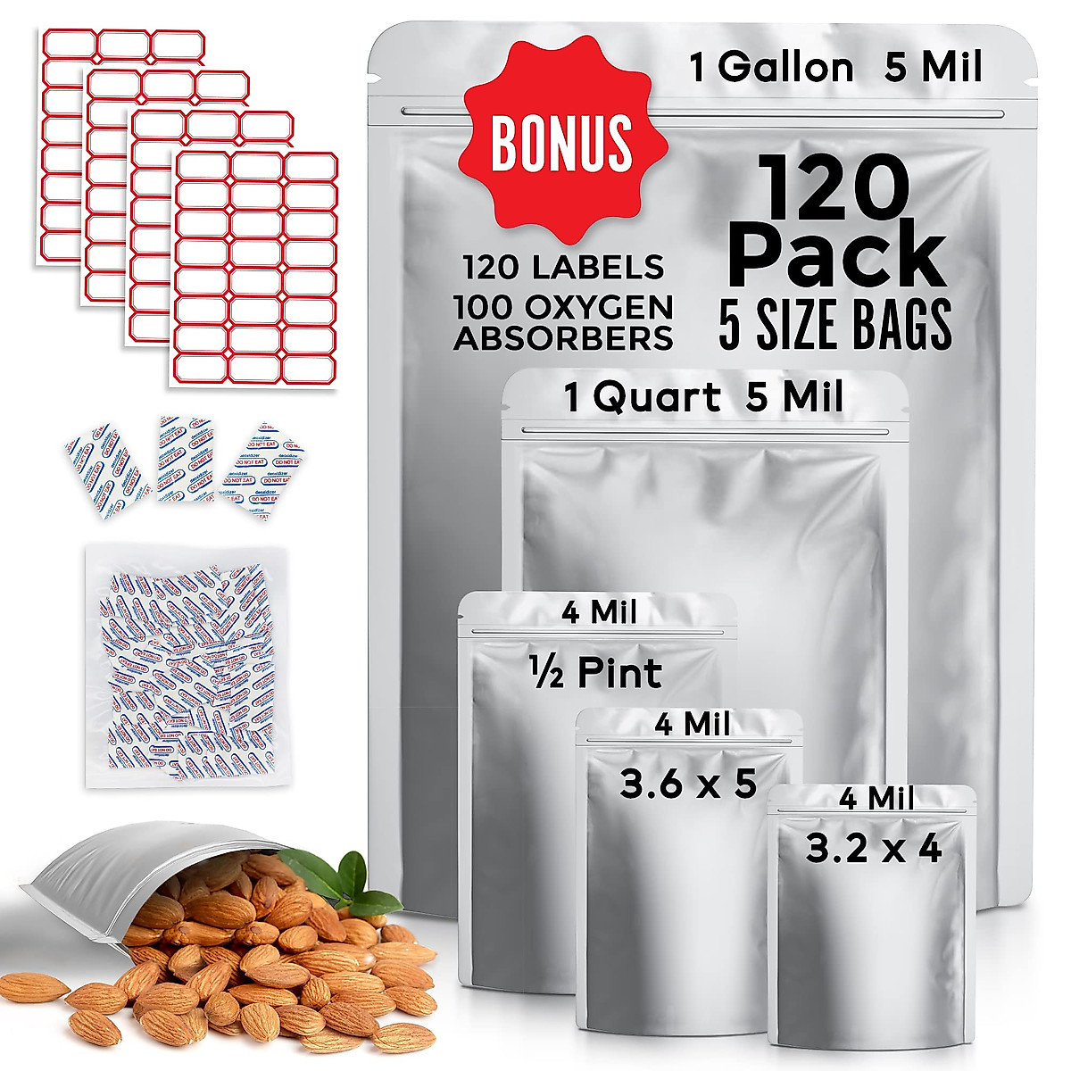 PRILUX Mylar Bags for Food Storage - 120 Stand Up Mylar Bags & Mylar Bags with Oxygen Absorbers - 10 Mil 1 Gallon, Quart & 8 Mil Small, Reusable Heat Sealable Zipper Resealable Airtight Food Storage