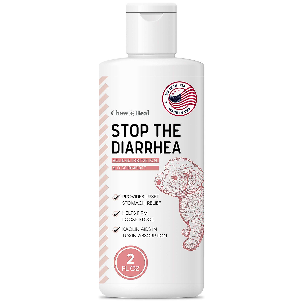 Chew + Heal Labs Anti Diarrhea for Dogs - 2 oz. of Stop The Diarrhea Liquid Supplement with Kaolin - for Diarrhea and Upset Stomach Relief - Made in The USA