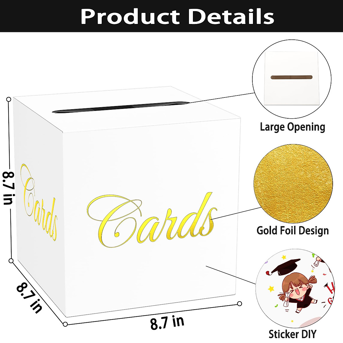 White Card Box for Party, 8.7" Cards Gold Foil Design Gift Cards Receiving Box Holder for Wedding, Bridal Shower, Graduation, Birthday, Retirement, Baby Shower, Anniversaries Party Decorations