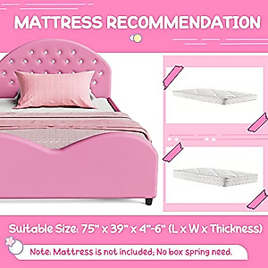 HONEY JOY Kids Twin Bed Frame with Headboard, Toddler Upholstered Platform Bed with Slatted Bed Base, No Box Spring Needed, Princess Wooden Single Bed for Baby Girls, Twin Size in Pink