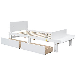 Dolonm Twin Bed Frames for Kids with 2 Drawers, Storage Platform Bed with Footboard Bench, Twin Kids Bed Headboard Frame Pine Wood, High Stable, No Box Spring Needed, Twin Bed for Kids, White