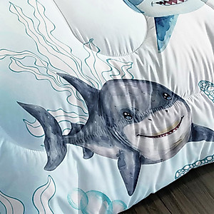 XYNHML Boys Blue Ocean Shark Comforter Set Twin Size Shark Starfish Bedding Sets Seaweed Quilt Bed Set for Kid Girls with 1 Comforter and 2 Pillowcases