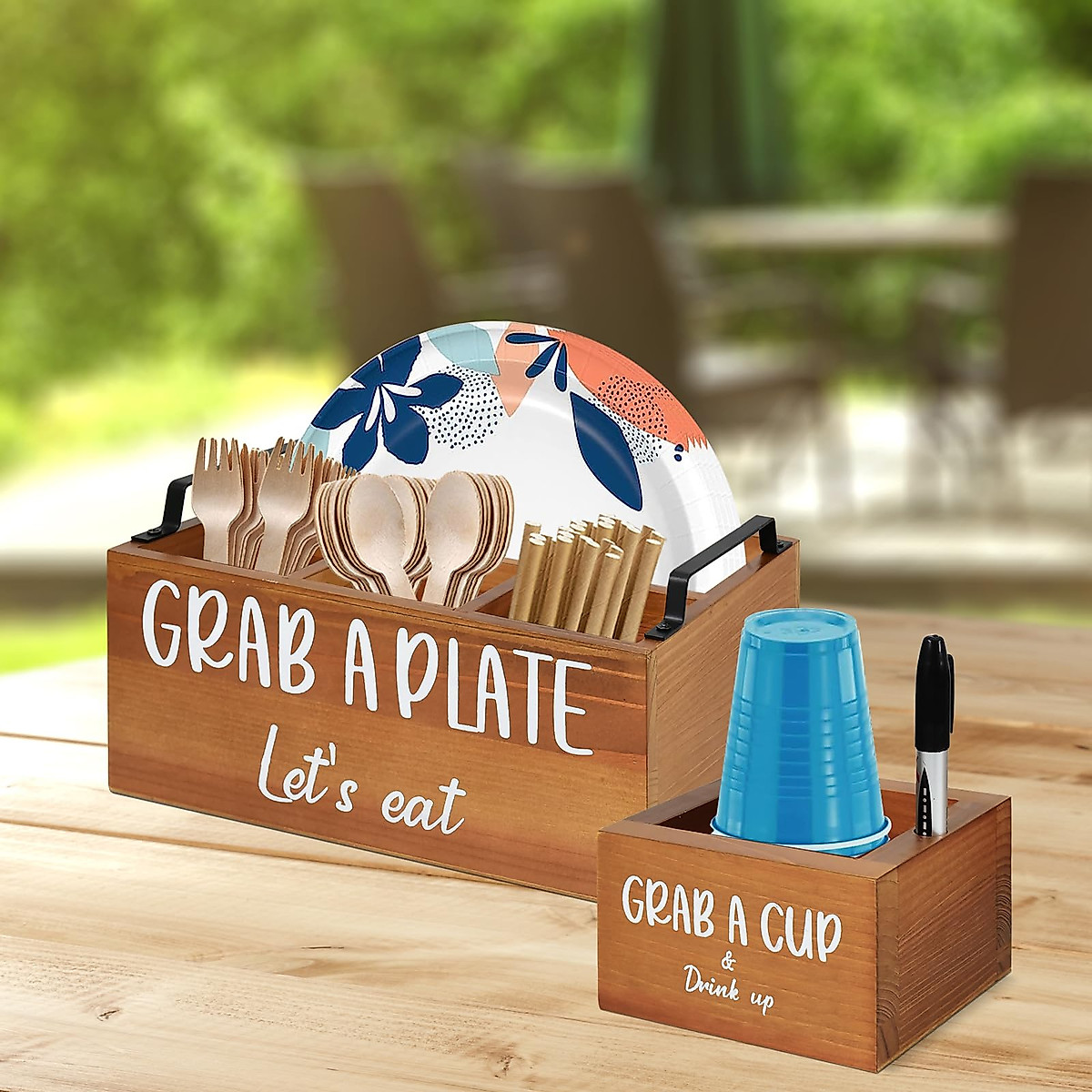 MEMOORIAL Paper Plate Dispenser, Kitchen Countertop Paper Plate Holder, Wood Rustic Silverware Utensil Caddy, Disposable Dish and Cup Holder Utensil Caddy for Kitchen, Party, BBQ