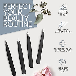 Tweezers Set 5 in 1, Stainless Steel Tweezers and Eyebrow Scissors,Great Precision for Facial Hair, Splinter and Ingrown Hair Removal Black Eyebrow Tweezers