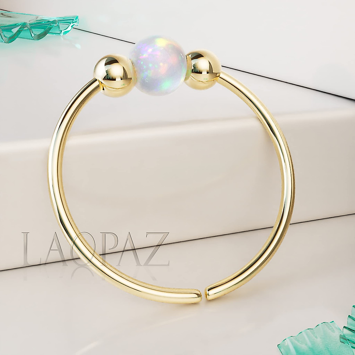 LAOPAZ 14k Gold Filled Nose Hoop with White Opal - 20 Gauge Nose Ring for Women and Men - Hypoallergenic Nose Jewelry 7mm Diameter 0.2 Inches - Handmade Nose Ring for Women