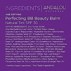 Andalou Naturals Perfecting BB Beauty Balm Natural Tinted Moisturizer with SPF 30, 2-in-1 BB Cream & Face Sunscreen with Broad Spectrum Protection, Mineral Sunscreen with Non-Nano Zinc Oxide, 2 Fl Oz