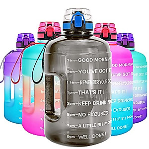 BuildLife Gallon Water Bottles with Times to Drink - Gallon Water Jug - 1 Gallon Water Bottle–BPA Free Water Bottle with Time Marke and Flip Top Leak Proof Lid One Click Open for Gym(Gray, 1 Gallon)