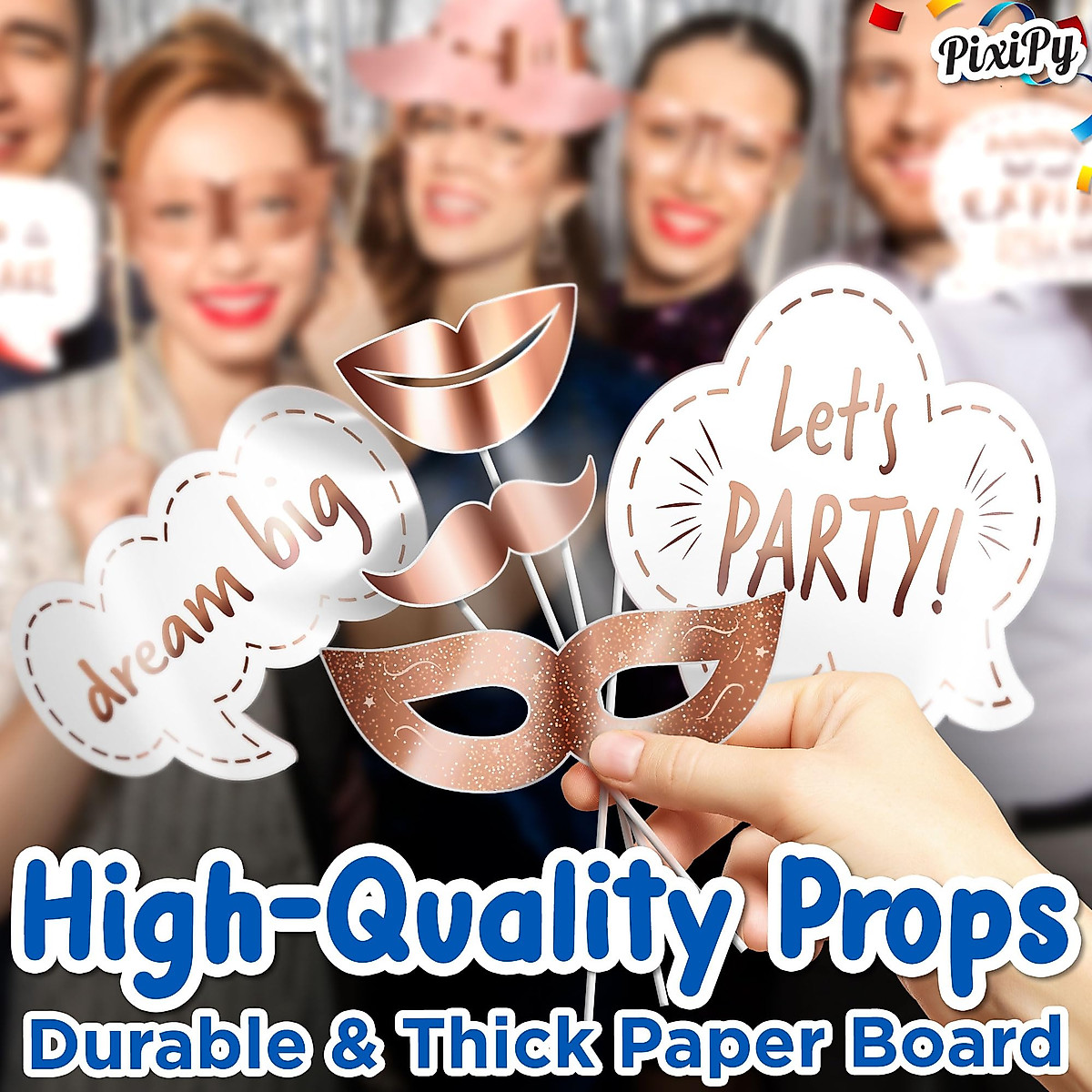 Premium Birthday Photo Booth Props Kit, 27 White & Rose Gold Party Decorations (No Glitter), Durable & Easy-to-Use Photobooth Props Signs for Memorable Photos & Unforgettable Celebrations by PixiPy