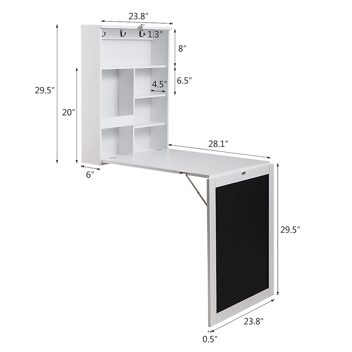 JAXPETY Wall Mounted Space Saving Folding Desk Fold Out Computer Laptop Desk with Storage Bookcase & Chalkboard Convertible Writing Desk for Home Office, White + Black