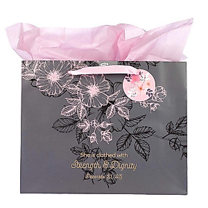 Christian Art Gifts Landscape Gift Bag and Tissue Paper Set - Strength and Dignity - Proverbs 31:25 Inspirational Bible Verse, Pink/Grey Floral, Large