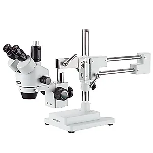AmScope SM-4T Professional Trinocular Stereo Zoom Microscope, WH10x Eyepieces, 7X-45X Magnification, 0.7X-4.5X Zoom Objective, Ambient Lighting, Double-Arm Boom Stand