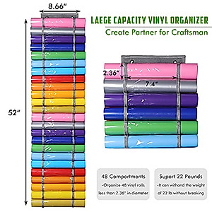 AROUY Vinyl Storage Organizer - Vinyl Roll Holder Wall Mount/Over The Door, Craft Vinyl Storage Rack, Hanging Organizer Storage with 48 Roll Compartments (48 - Gray)