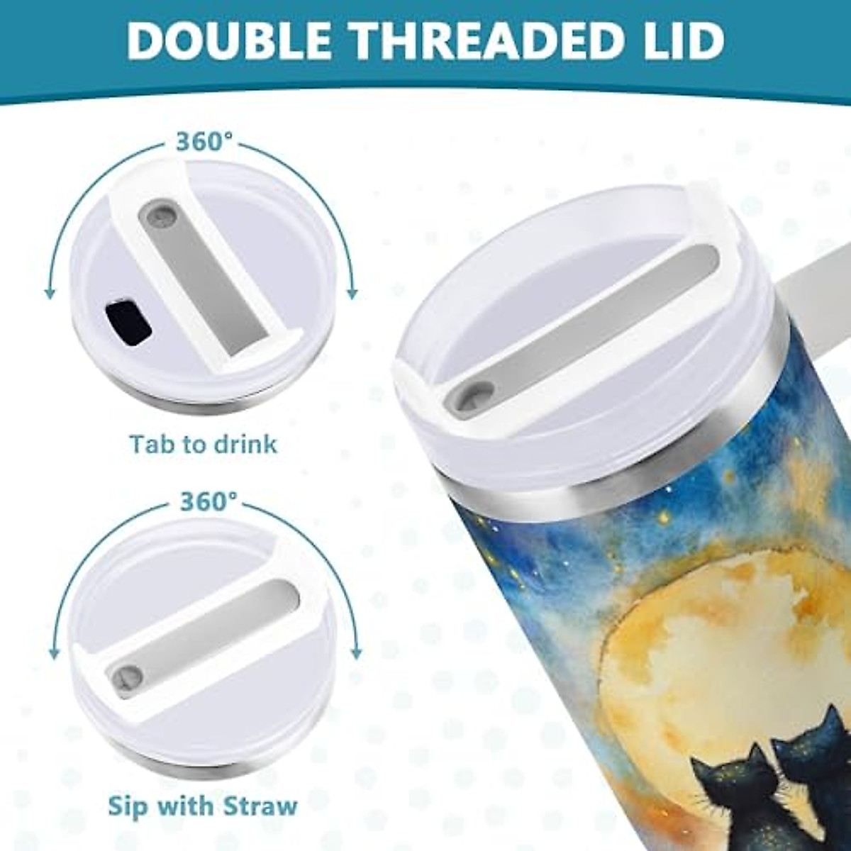 ODAWA Romantic Cats Moon Blue Travel Coffee Tumbler 40 Oz Drinking Cups with Lid and Straw