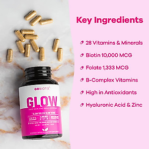 Glow Vitamins - Hair Skin and Nails Multivitamin Supplement - 10,000mcg Biotin Pills with Hyaluronic Acid, Folate, Iron, Magnesium, and Zinc - Boosts Collagen Production, Hair Growth, 90 Capsules