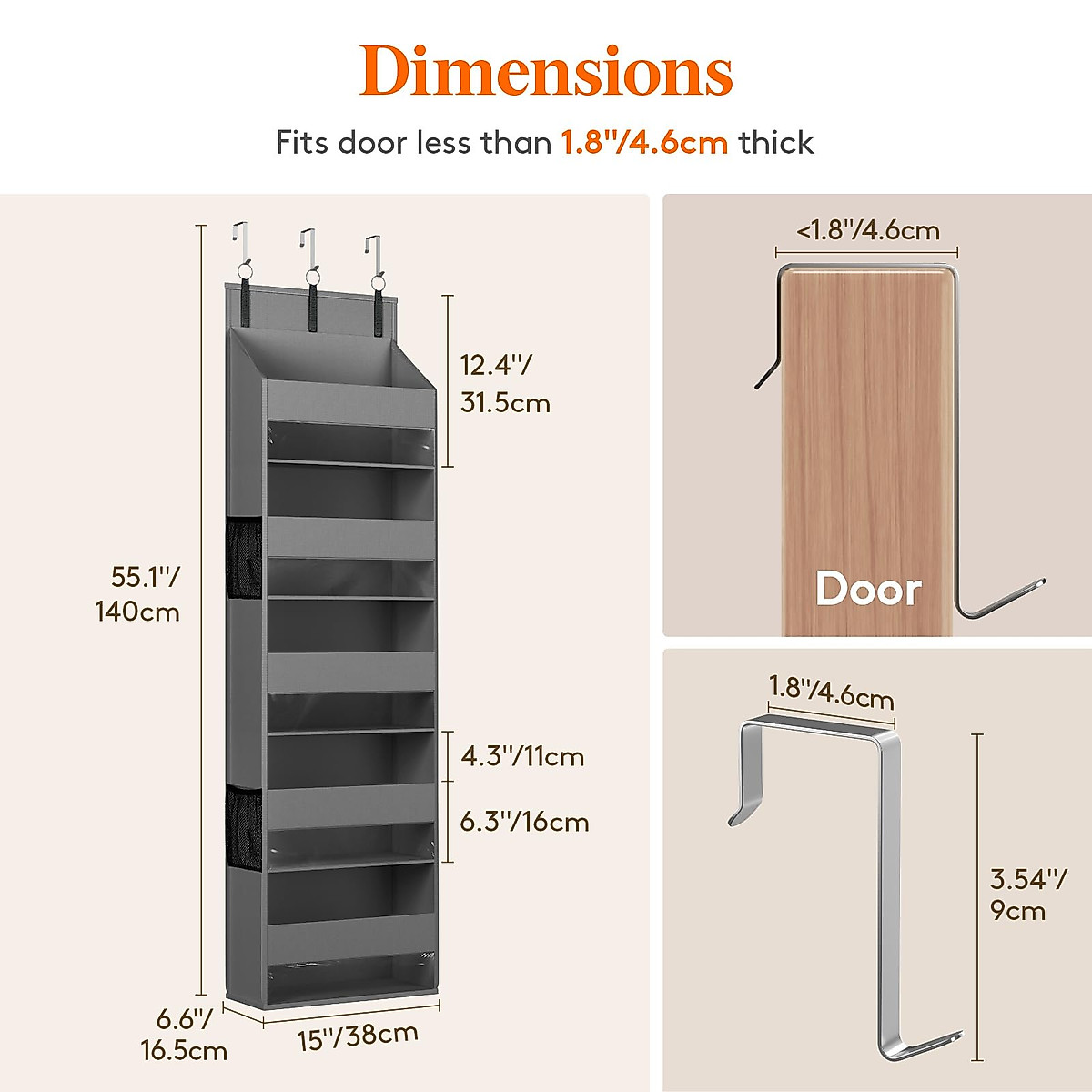 Lifewit 1 Pack Over the Door Organizer, 5 Shelf Clear Window Hanging Storage with 4 Mesh Side Pockets, Anti Tilt 40 lbs Load Behind Door for Pantry, Nursery, Bathroom, Bedroom, Kitchen, Dorm, Grey