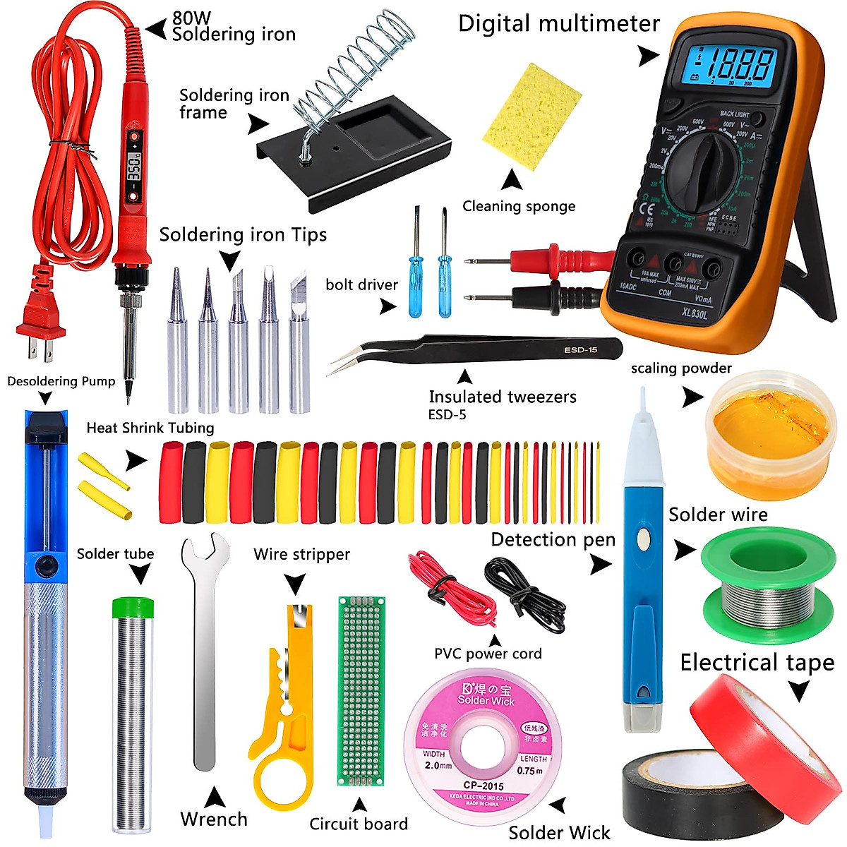 Electronics Soldering Iron Kit, 80W LCD Digital Soldering Gun with Adjustable Temperature Controlled and Fast Heating Ceramic Thermostatic Design, 24pcs Solder Kit Welding Tool