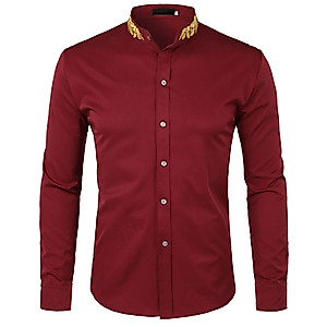 ZEROYAA Mens Hipster Gold Embroidery Mandarin Collar Slim Fit Long Sleeve Casual Dress Shirts Z52 Wine Red XX-Large