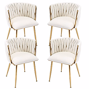 DUOMAY Modern Barrel Dining Chair Set of 4, Velvet Upholstered Accent Side Chair Makeup Vanity Chair with Back Living Room Leisure Chair with Gold Metal Legs for Dining Room Office, White