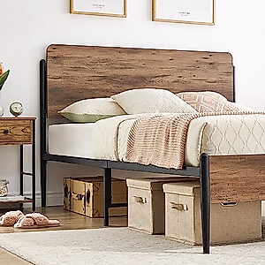 IDEALHOUSE Queen Size Bed Frame with Wooden Headboard, Platform Bed Frame with Safe Rounded Corners, Strong Metal Slats Support, Mattress Foundation, Noise-Free, No Box Spring Needed, Walnut