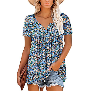 ROSELINLIN Womens Tops Blue Short Sleeve Summer Shirts V Neck Floral Pull Over Ladies Tops XL