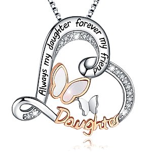 ASLBUNM Daughter Necklace 925 Sterling Silver Butterfly Jewelry Always My Daughter Forever My Friend Love Heart Pendant Necklaces Birthday Gifts for Daughter