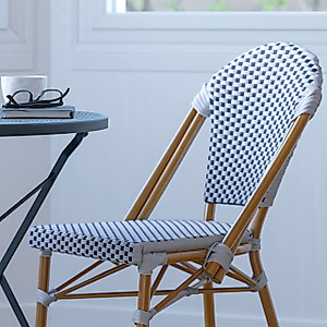 Merrick Lane Celia Bistro Chair - White & Navy Woven PE Seat and Back - Bamboo Finish Aluminum Frame - Set of Two