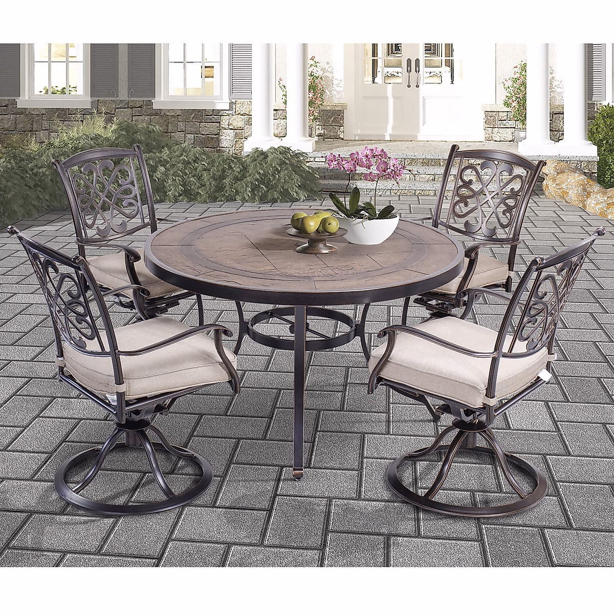 DALI Outdoor 5 Piece Dining Set Patio Furniture, Deep Cushioned Aluminum Swivel Rocker Chair Set with 48 inch Round Crafttech Top Aluminum Table