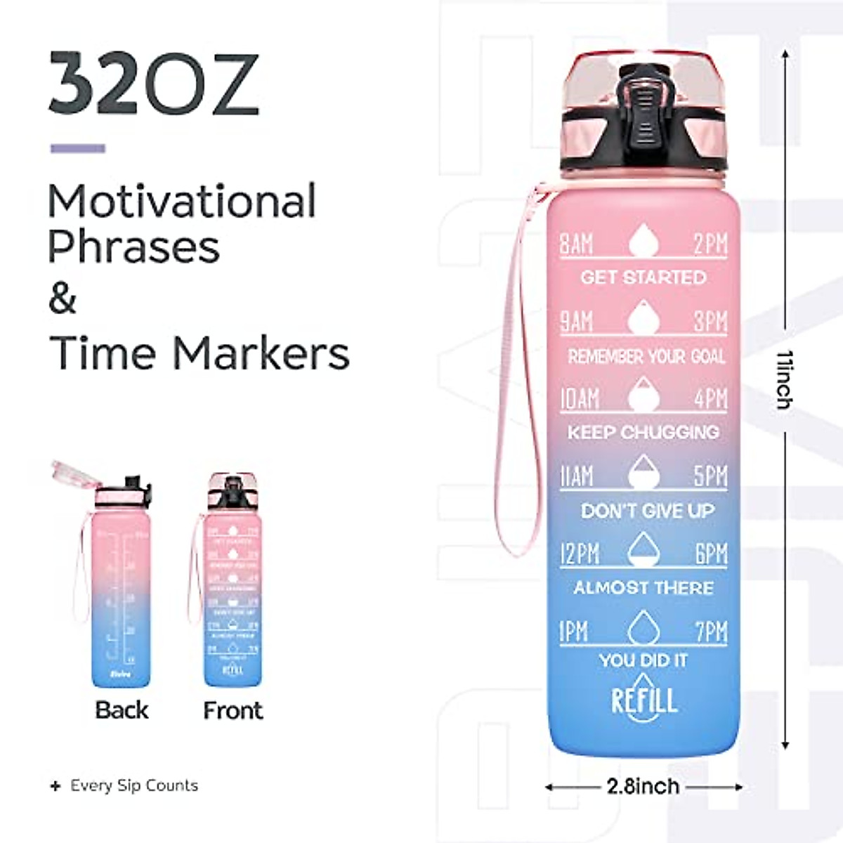 Elvira 32oz Motivational Fitness Sports Water Bottle with Time Marker & Removable Strainer,Fast Flow,Flip Top Leakproof Durable BPA Free Non-Toxic-Pink/Blue Gradient