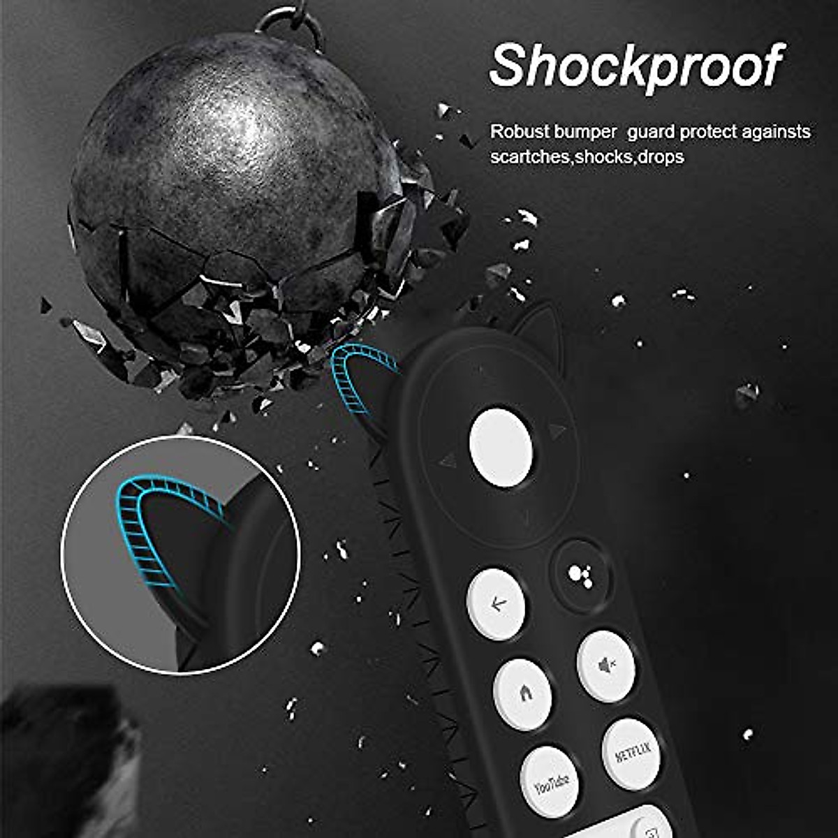 Silicone Protective Case Holder Compatible for Google Chromecast Remote Control,[Full Protection ] Cute Cat Shape Shock Absorption Bumper Google Voice Remote Back Covers Case Protector Skin-Black