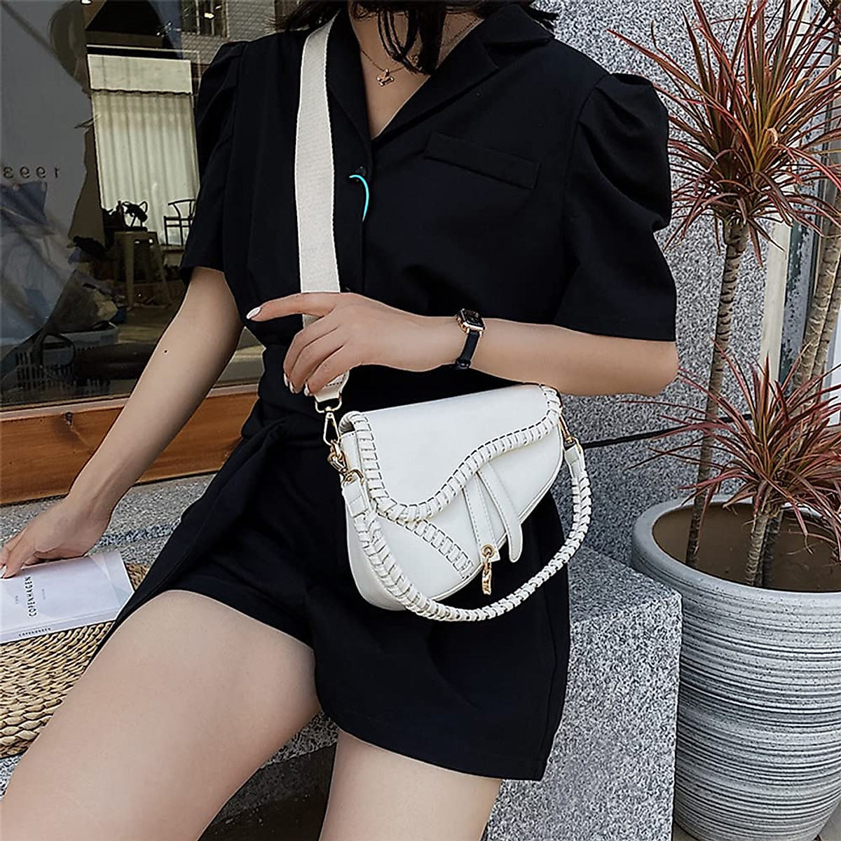 JBB Women Saddle Shoulder Bag Clutch Purse Small Crossbody Bag Satchel Bags Handbag PU Leather White