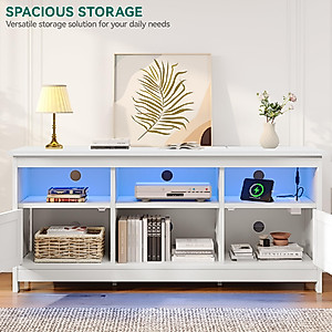 YITAHOME Farmhouse TV Stand with Power Outlet, LED Light Entertainment Center for TVs up to 65 Inch, TV Cabinet with Storage, Rustic Media Console for Living Room, 59" White