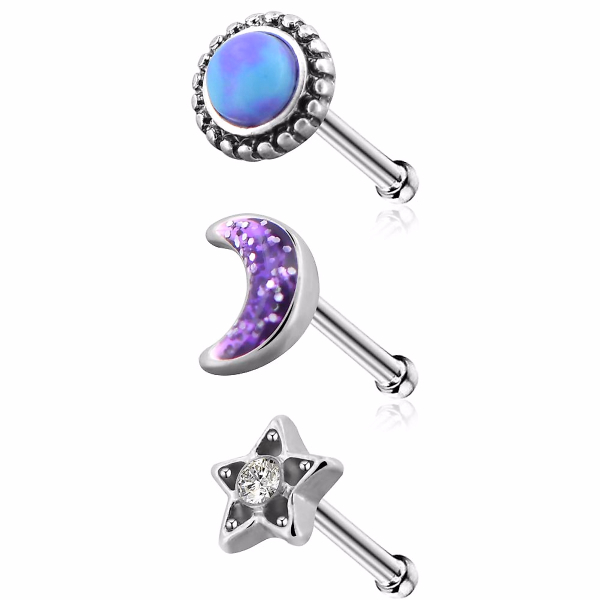 Jewseen Nose Rings Set 3PCS Moon Star Marble Stone Nose Piercing 18g Stud Rings Body Piercing Jewelry