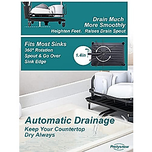 pretysnow Dish Drying Rack with Drainboard - 2 Tier Dish Racks for Kitchen Counter, Large Dishes Drainer with Auto Drainage, Carbon Steel Disk Strainer Set, Black