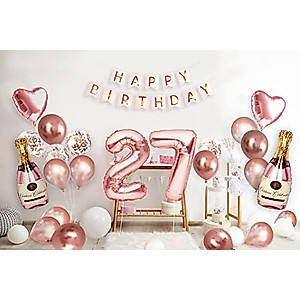 27th Birthday Party Decorations for Her Rose Gold Supplies Big Set with Birthday Banner and 27 BDay Digit Balloons for Women Including Latex and Confetti Balloons
