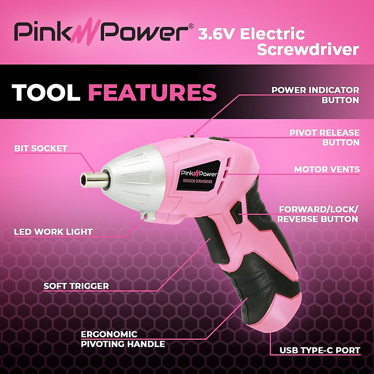 Pink Power Cordless Screwdriver Set - 3.6V Electric Screwdriver Rechargeable Screw Gun Kit - Automatic Mini Pink Drill Set for Women - Portable Small Drill Battery Powered Screwdriver LED Light