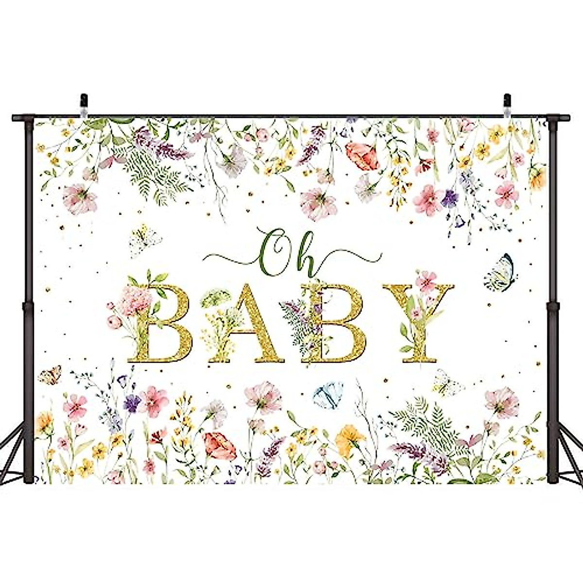 Wollmix Baby Shower Backdrop Decorations for Girl Oh Baby Banner Sign Pink Floral Flowers Butterfly Gold Dots Photography Background Newborn Party Decor Photo Booth Props Supplies Studio 7x5ft