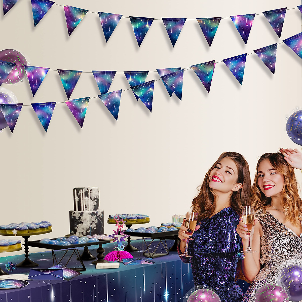 Starry Night Flag Banner Triangle Pennant Star Garlands for Party Decorations Hanging Aurora Shooting Star Birthday Wedding Anniversary Baby Shower Party Supplies