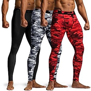 TSLA Men's Compression Pants - Cool Dry Athletic Sports Workout Running Tights Leggings Baselayer, 3pack Tights Camo Black/Camo Grey/Camo Red, Medium