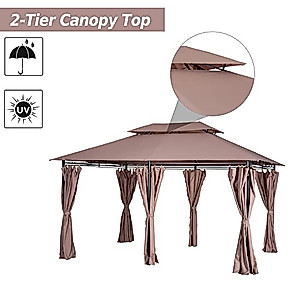 Outsunny 10' x 13' Outdoor Soft Top Pergola Gazebo with Curtains, 2-Tier Steel Frame Gazebo for Patio, Khaki