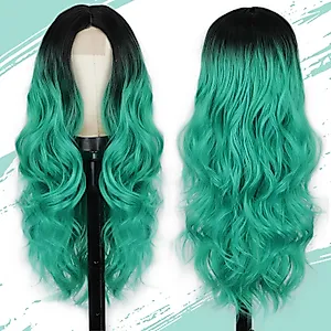 Lativ Long Wavy Wig for Women Ombre Green Middle Part Wigs Teal Wigs Long Curly Synthetic Heat Resistant Hair with Natural Hairline for Cosplay Party Everyday Use