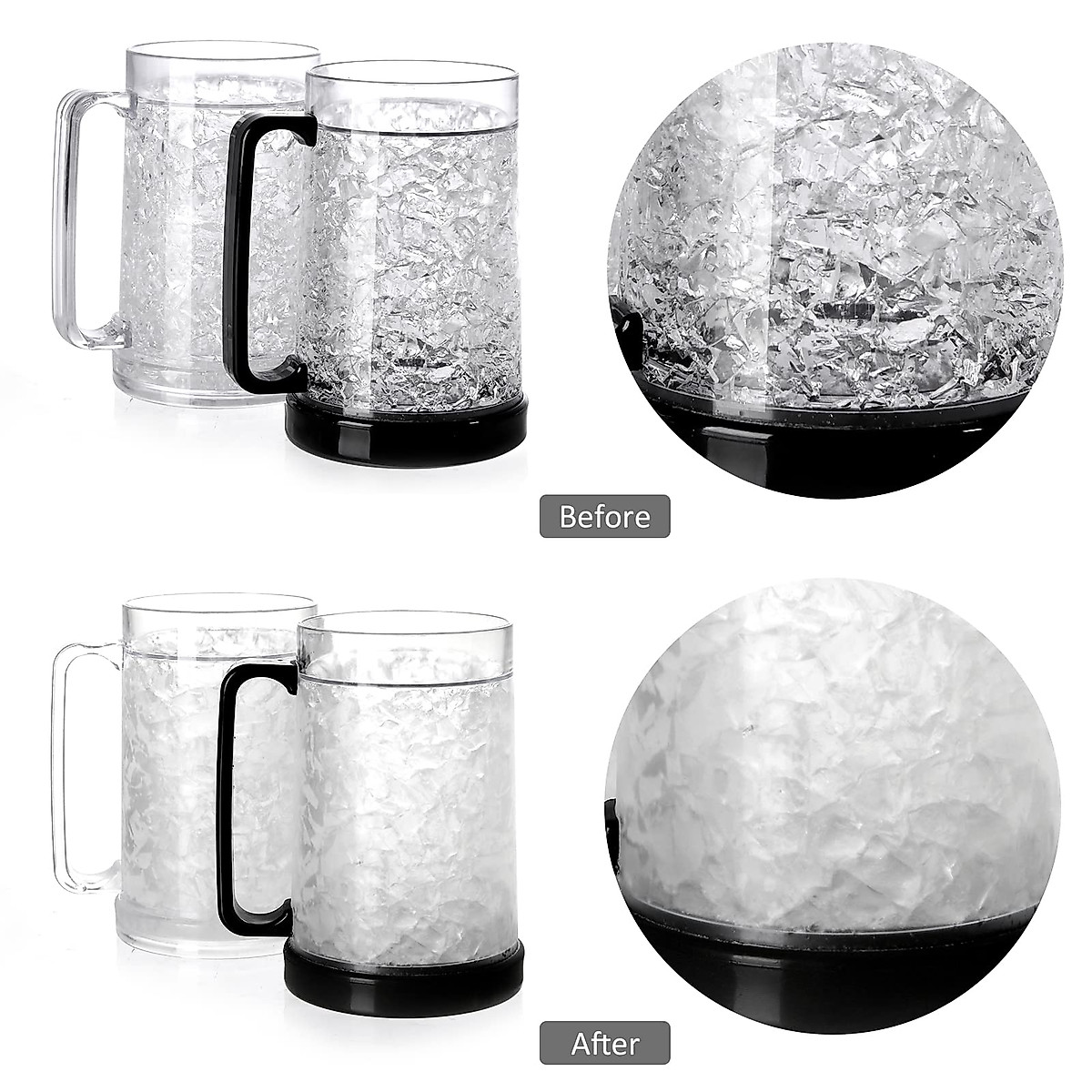EASICOZI Double Wall Gel Frosty Freezer Ice Mugs Clear 16oz Set of 2 (Black and White)