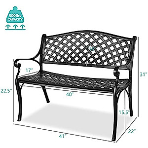 TITIMO 41” Outdoor Garden Bench with Armrests Sturdy Cast Aluminum Porch Loveseat Chair for All-Weather Patio Park Path Yard Lawn Work Entryway Decor Deck (Black)