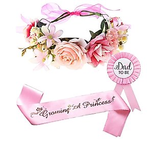 Ulfanit Girls Baby Shower Decoration - Adjustable Flower Crown Tiara and Growing A Princess Sash, Daddy Pin, Pink Party Gifts for Expectant Mom Dad Parents