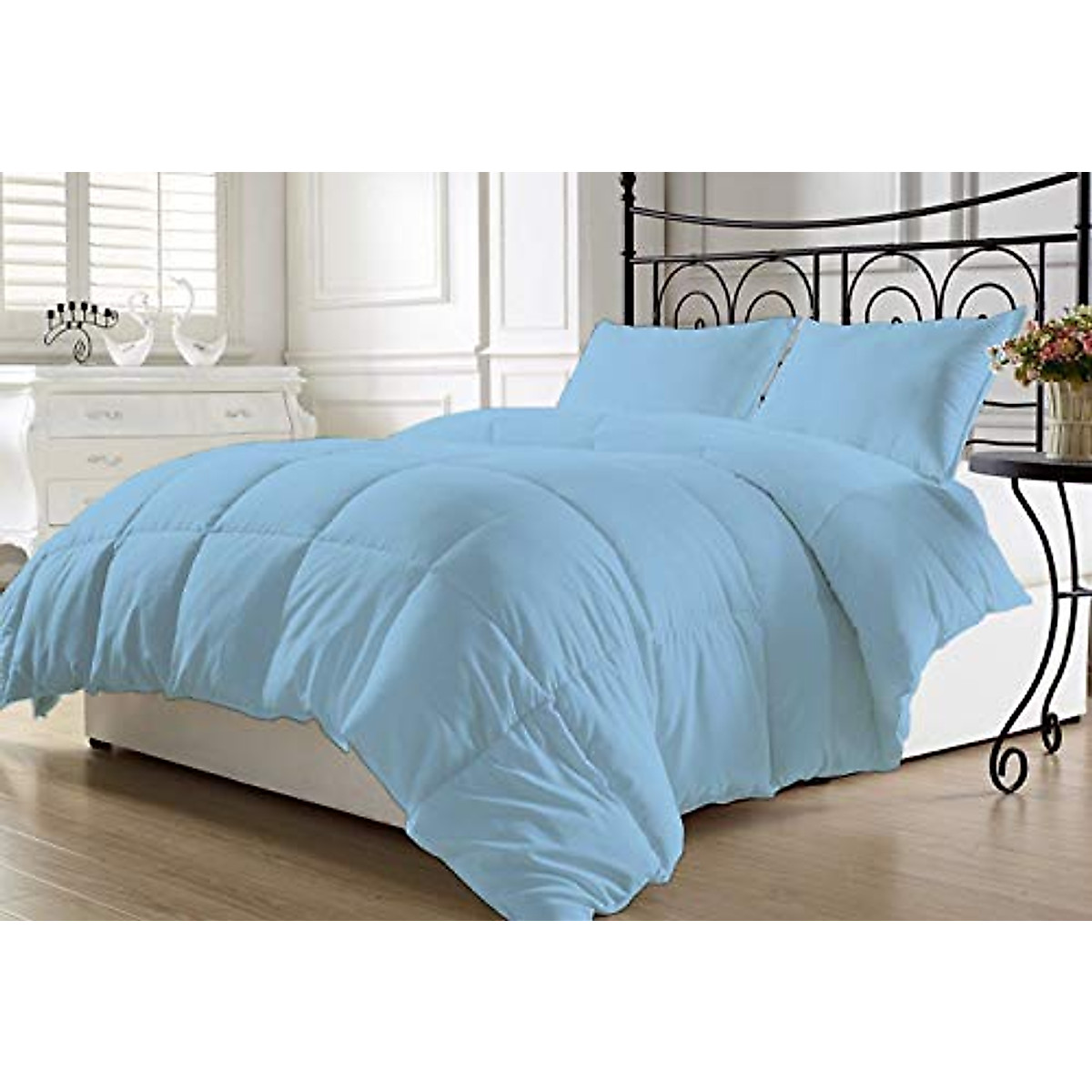 Cotton Home Depot - Duvet Insert or Stand-Alone - 300 Thread Count 1-Piece Quilted Box Stitching Comforter 100% Cotton Solid - Sky Blue - Oversized Queen
