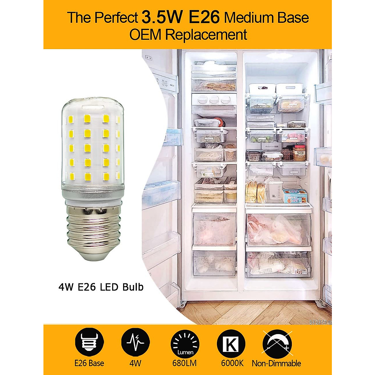 Tupolife E26 Refrigerator Light Bulb AC100-265v 3.5w Replacement Compatible with Frigidaire Appliance Fridge LED Lamp, 4W 40W Equivalent Cool White 6000K, 2 Pack