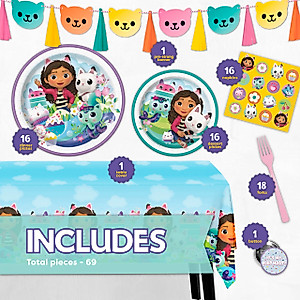 Unique Gabby's Dollhouse Party Supplies | Gabby Dollhouse Party Supplies | Gabby Doll House Party Supplies | Officially Licensed | Banner, Tablecover, Plates, Napkins, Button | Serves 16 Guests
