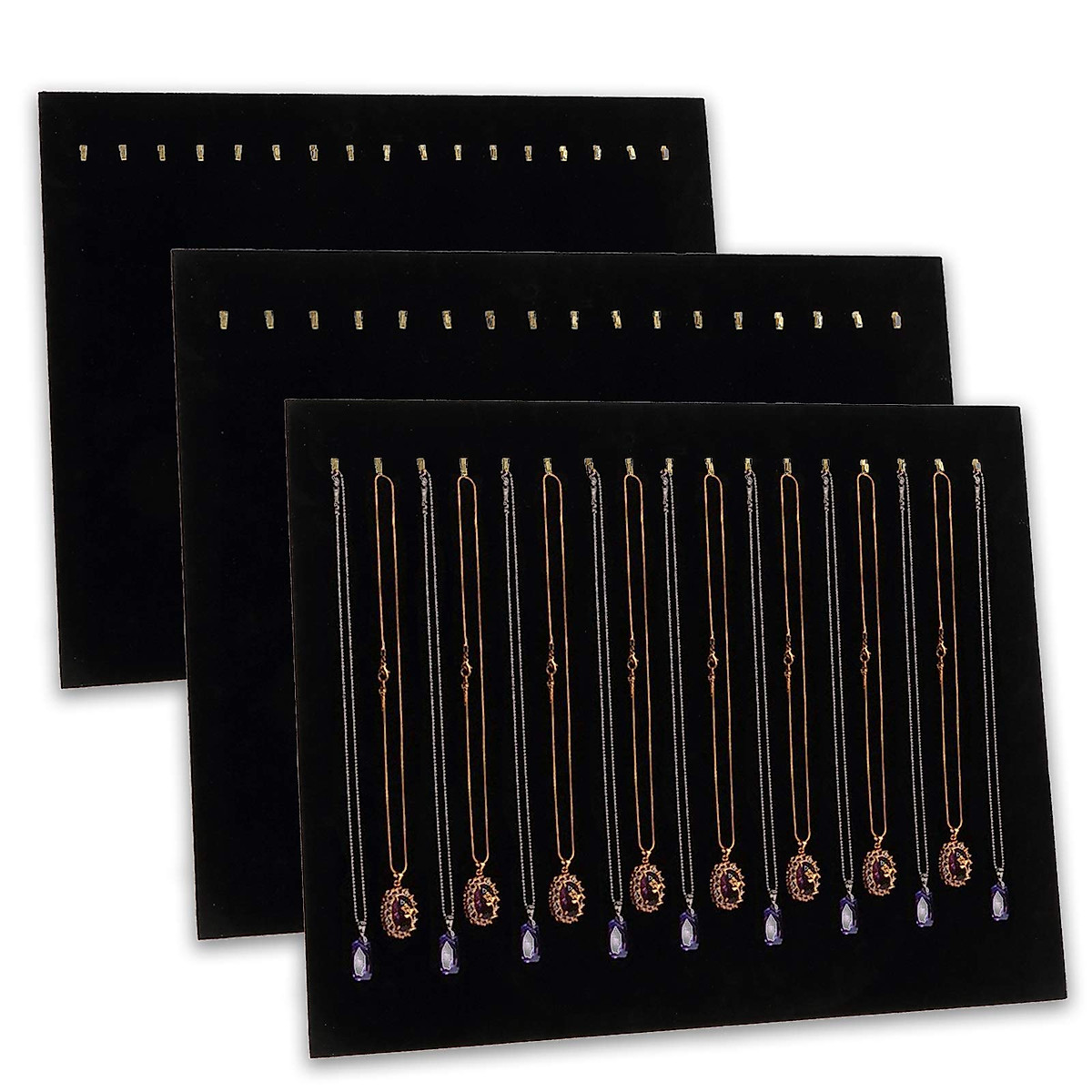Foraineam 3 Pack Black Velvet Jewelry Display with 17 Hooks Necklace Tray Organizer Pad Bracelets Pendants Chains Showcase Stands