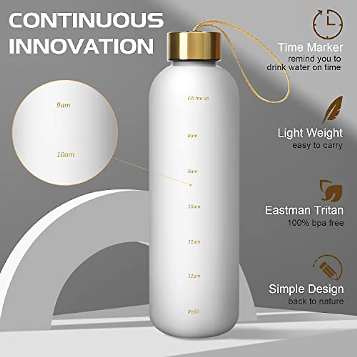 Opard 27oz Water Bottles with Times to Drink - Reusable Motivational Water Bottle with Time Marker and Strap - BPA Free Frosted Plastic - Gym, Sports, Travel (800ml)