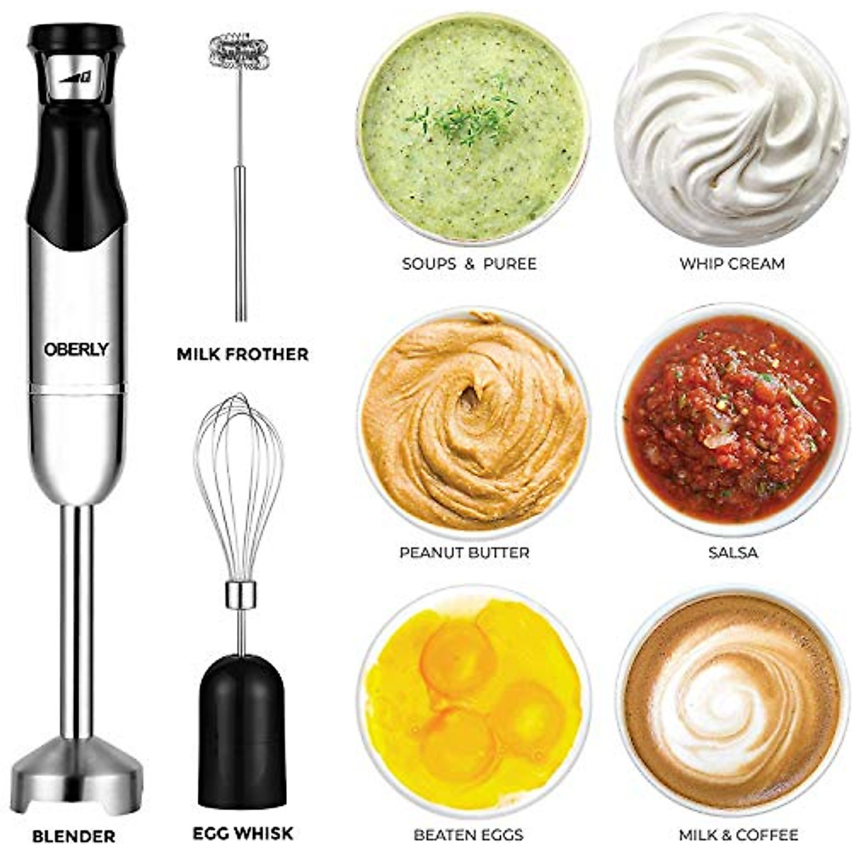 Immersion Hand Blender Electric, OBERLY 500W Smart Stepless 3-in-1 Heavy Duty Handheld Stick Mixer, Stainless Steel Blade with Milk Frother, Egg Whisk for Coffee Foam, Smoothies and Puree