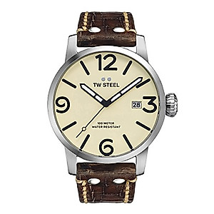 TW Steel Men's Maverick Stainless Steel Quartz Watch with Leather Calfskin Strap, Brown, 22 (Model: MS2)